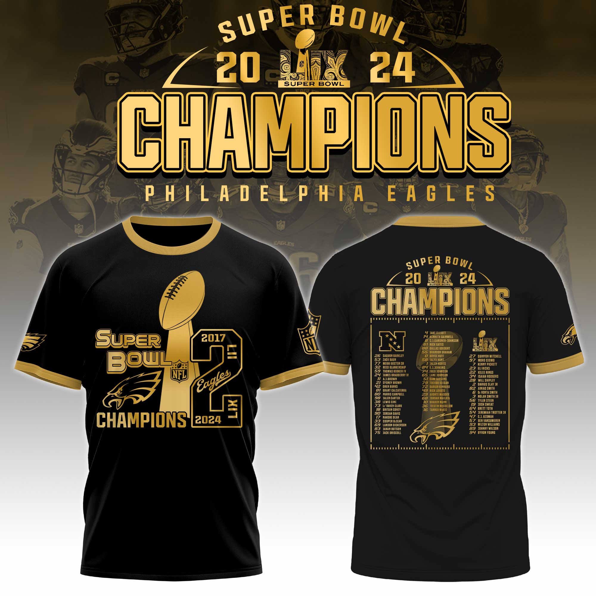 Philadelphia Eagles Super Bowl LIX Champions T-Shirt Golden Edition ...